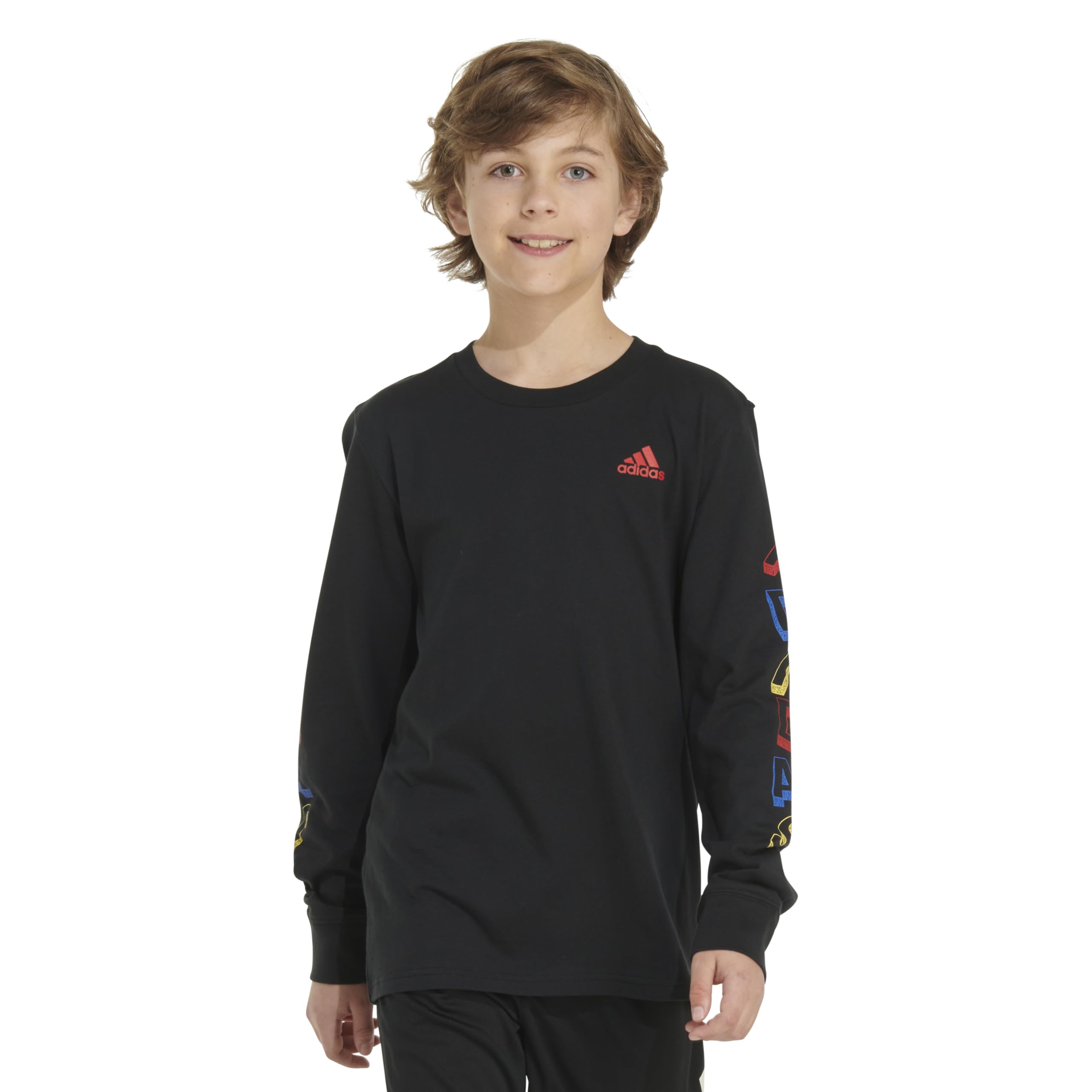 adidas Boys' Long Sleeve Cotton Small Logo T-Shirt, Falling BoS/Black, X-Large (18/20)