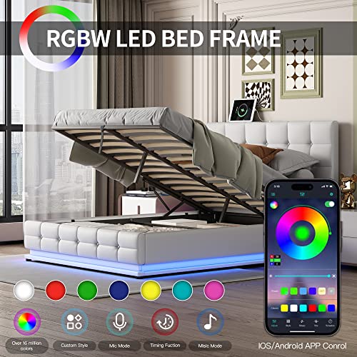 Bellemave Queen Lift Storage Bed with LED Lights and USB Charger, PU Upholstered Queen Platform Bed with Hydraulic Storage System for Kids Teens and Adults, No Box Spring Needed (Queen, White)