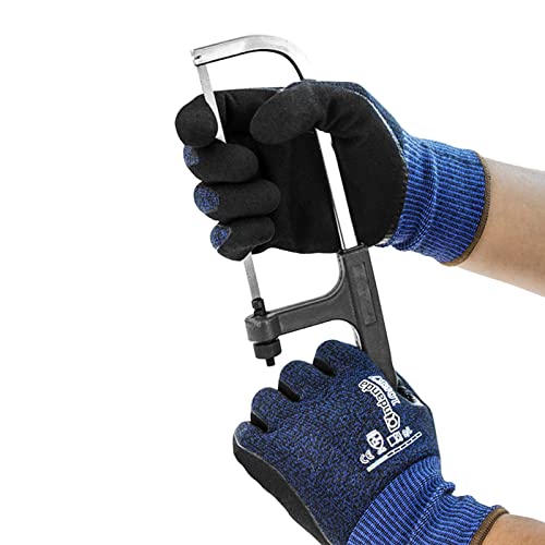 ANDANDA Cut Resistant Gloves Level 5, 3D Comfort Stretch Fit, Nitrile Sandy Finish Double Coated Work Gloves with Power Grip, Ideal Work Gloves for Handle Glass & Sharp Metal, Blue(L),1Pair