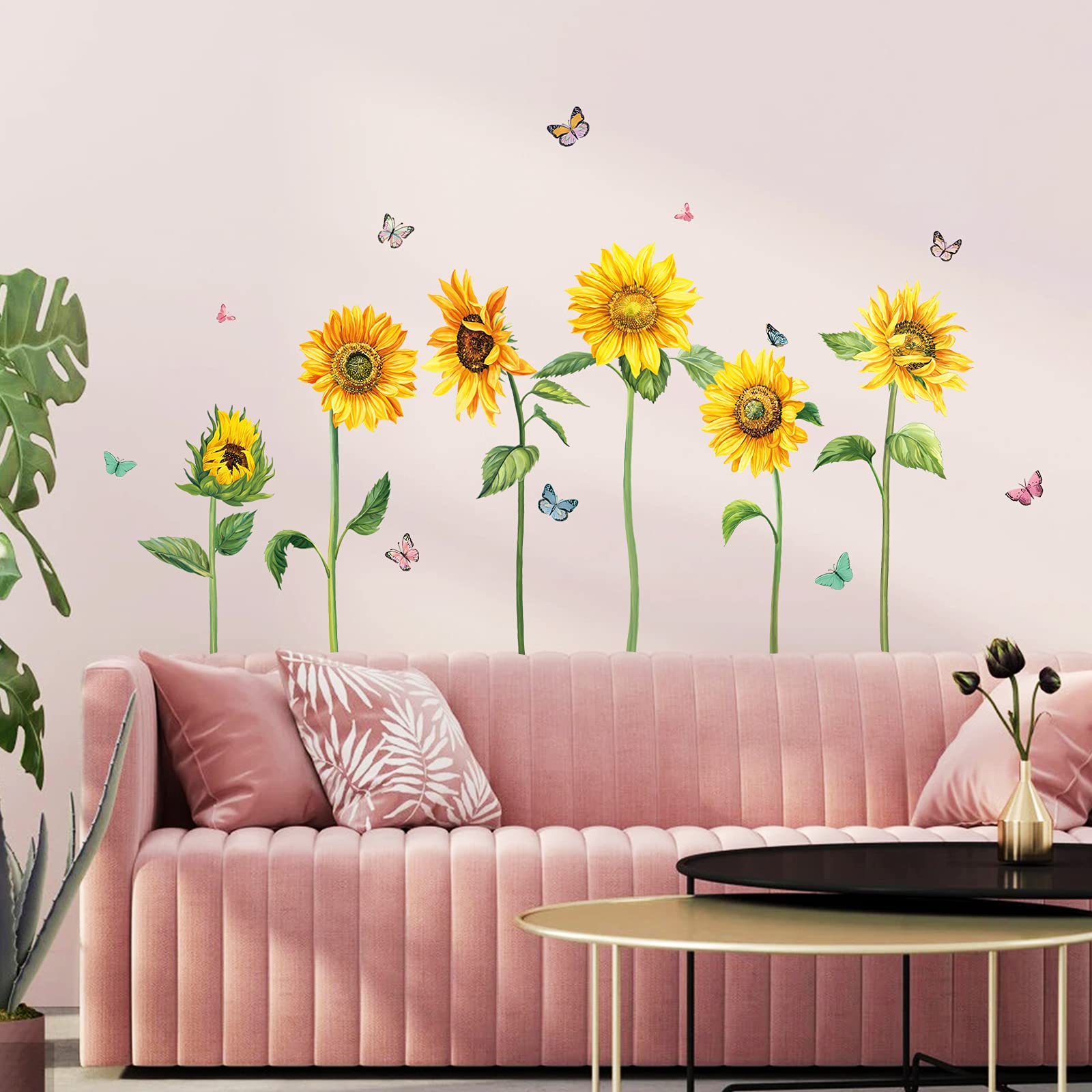 decalmile Large Sunflower Wall Decals Garden Flower Butterfly Wall Stickers Bedroom Living Room Home Office Background Wall Decor