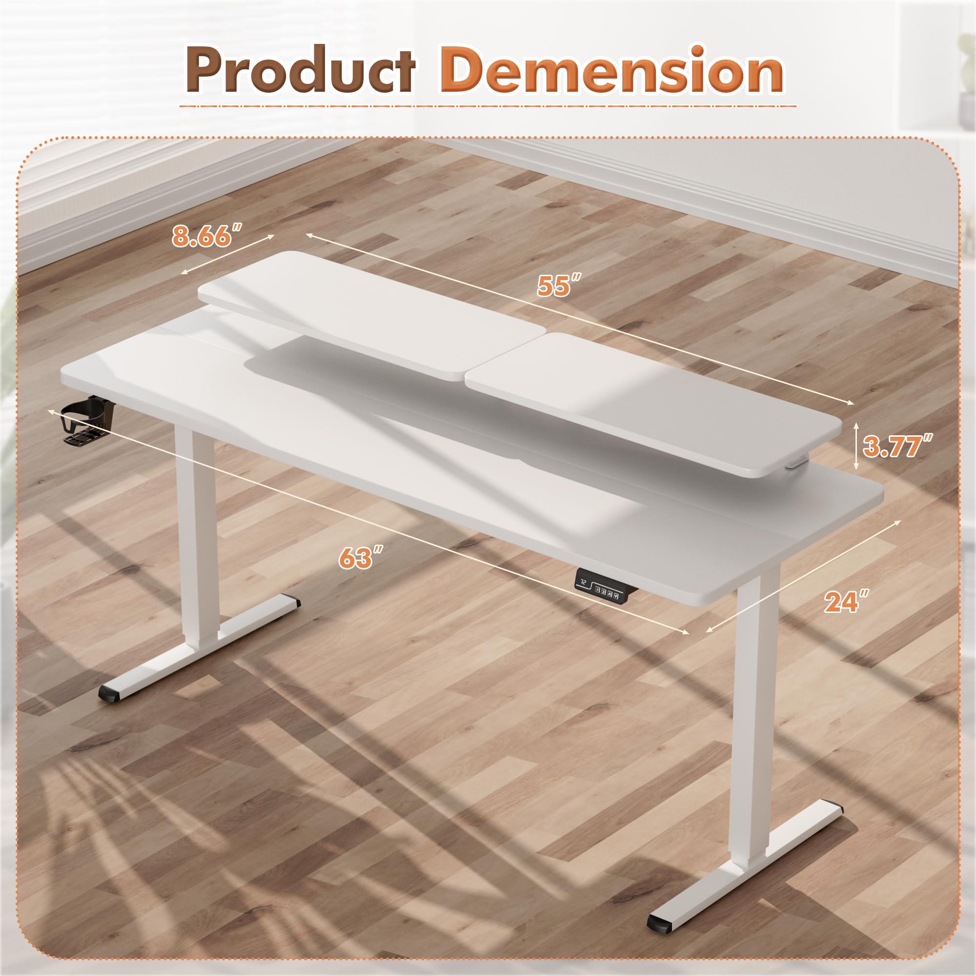 JUMMICO Electric Standing Desk, Adjustable Height Desk 63 x 24 Inch with Monitor Stand, Home Office Computer Desk (White)