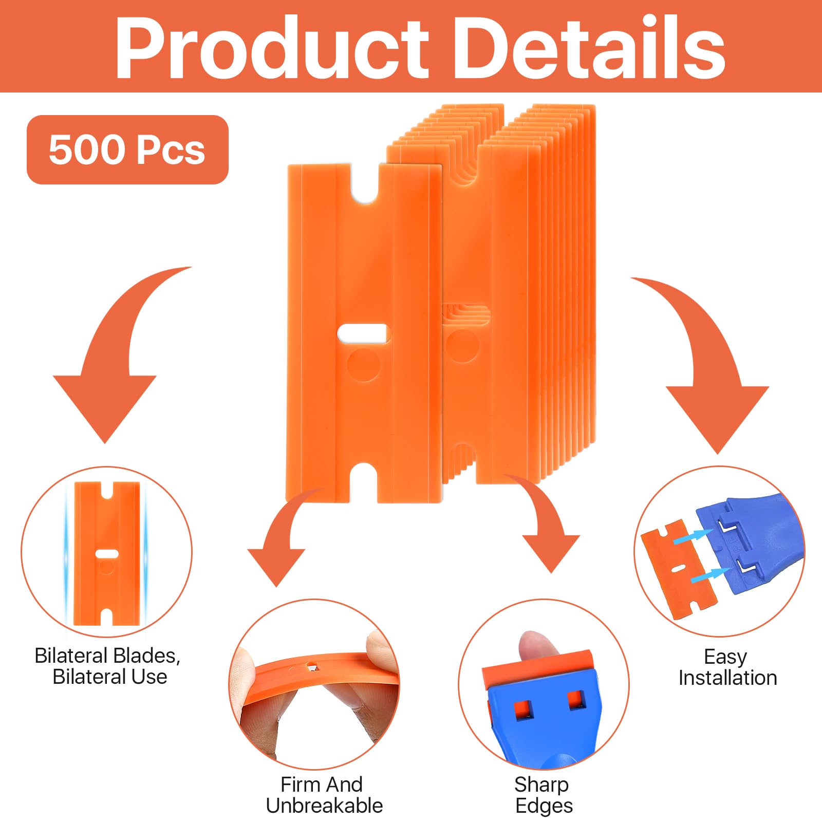 Lainballow 500 Pcs Plastic Razor Blades, Double Edged Scraper Blades, Plastic Knife Blades Replacement Suit for Cleaning Glass and Removing Decals, Stickers, Adhesive Labels