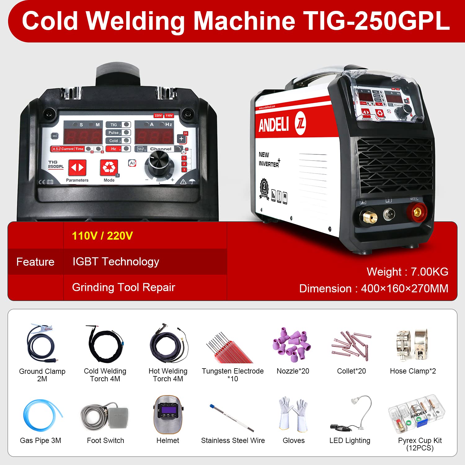 ANDELI TIG Welder,110/220V 180AMP Multifunctional TIG Welding Machine with Hot/Cold/TIG Pulse Cold TIG Welding Machine TIG-250GPL(FULL SUIT)