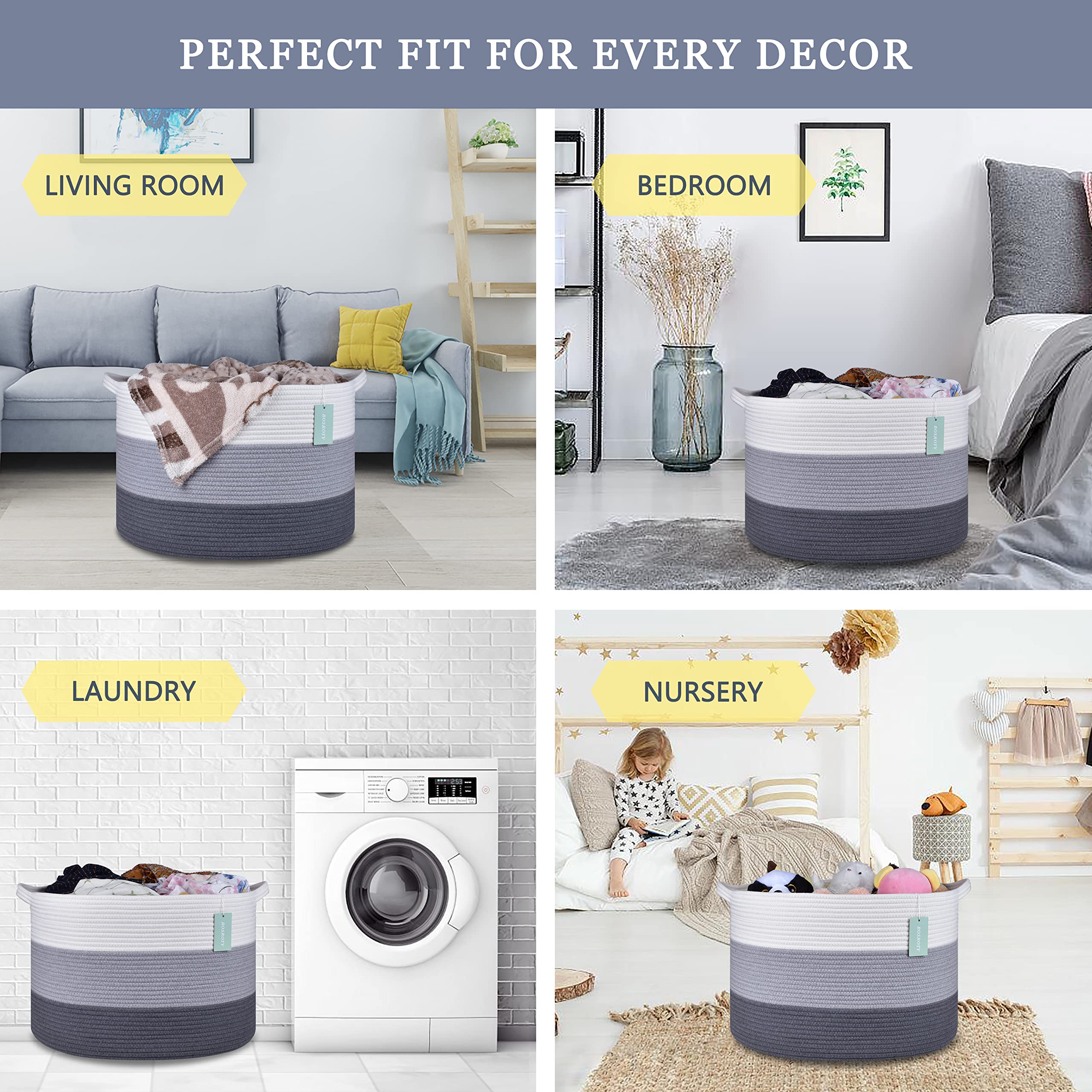 BOSROTY Extra Large Blanket Basket 87L, Laundry Hamper, Baby Nursery Hamper, Large Laundry Basket For Girls Boys, Cotton Rope Basket, Clothes Basket Laundry, 22βx 14β, White & Gray