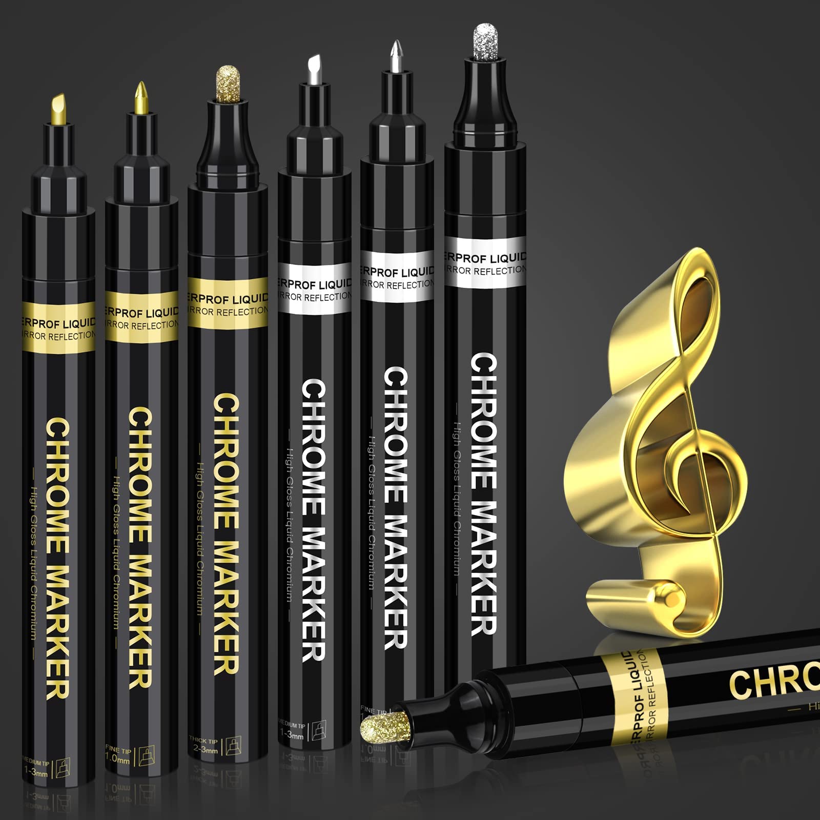 Artugn 6Pcs Oil-based Chrome Mirror Markers - Silver & Gold Permanent Metallic Markers for Model Painting, DIY Projects - Waterproof, Reflective Gloss Pens