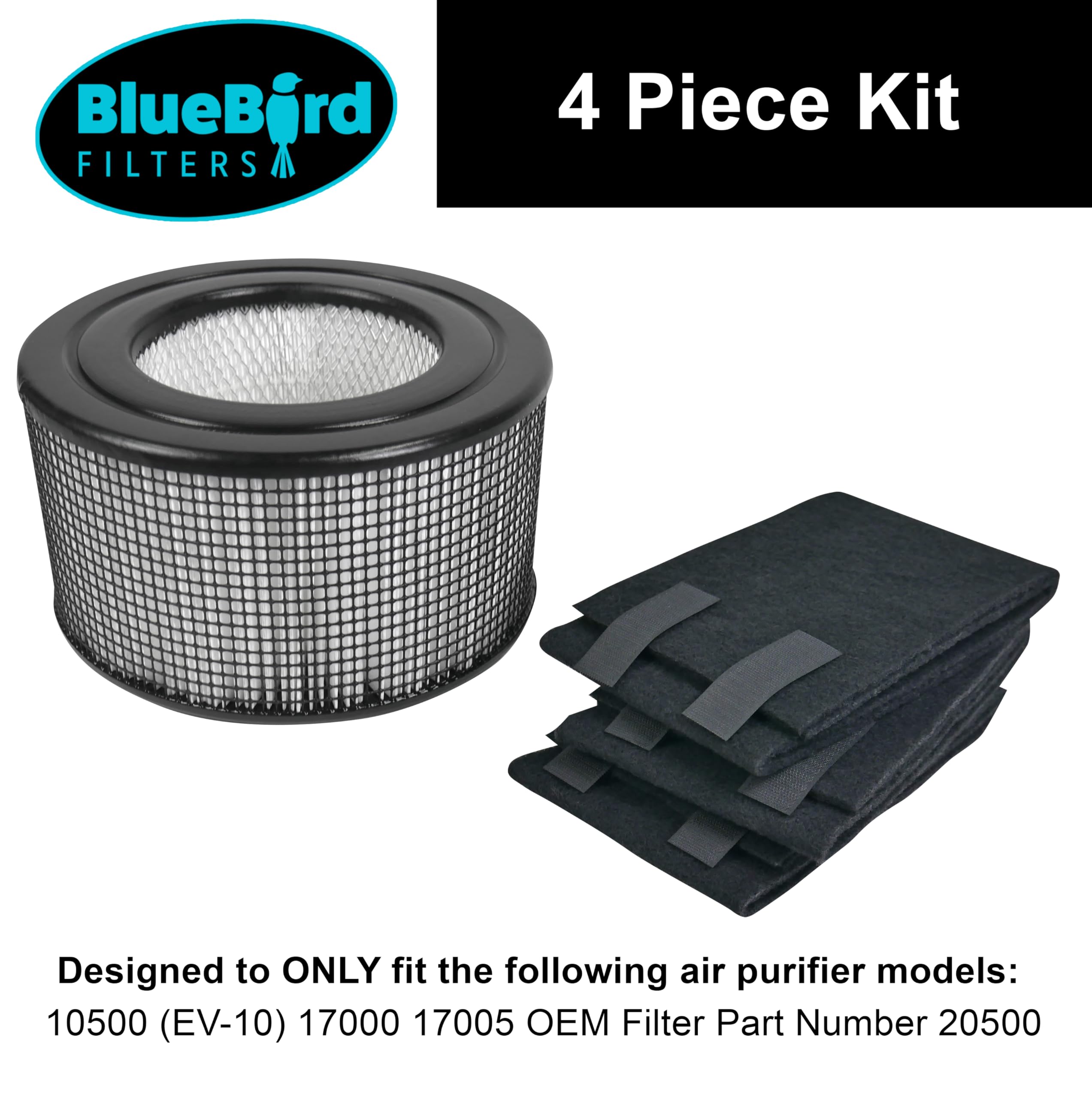BlueBird Filters Replacement HEPA Filter & Carbon Pre Filter Kit For Honeywell 10500 (EV-10) 17000 17000-S 17005 OEM Part Number 20500 (1 HEPA + 3 Carbon Pre-Filter)