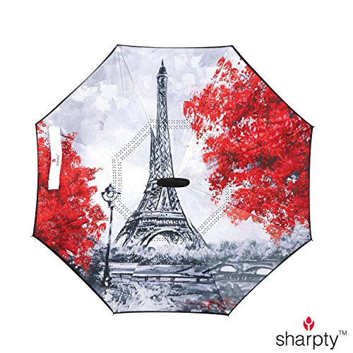 Sharpty Inverted Umbrella for Women - Windproof & Reverse - Easy to Open and Close - Upside Down & C-Shaped Handle - Rain & Wind Resistant - For Travel - Eiffel Tower