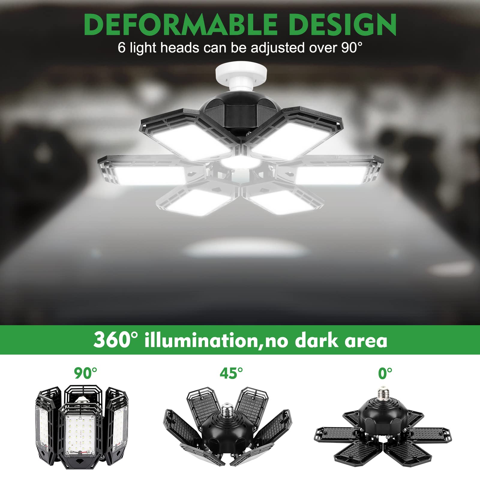 AILUKI LED Garage Light 2 Pack 160W E26 1600LM Deformable Led Garage Ceiling Lights 6500K Daylight White with 6 Adjustable Panels for Garage, Barn, Workshop,Warehouse