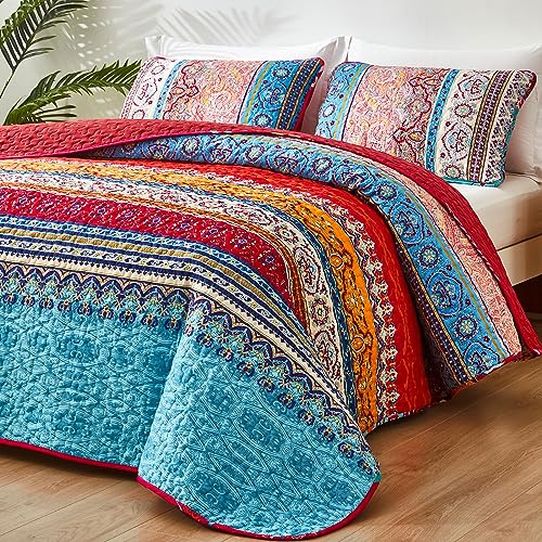 Boho Quilt Set Queen Size, Bohemian Red Strip 3 Pieces Bedspread Set Lightweight Microfiber All Season Christmas Bedding Coverlet Set for Queen Bed (96"x90")