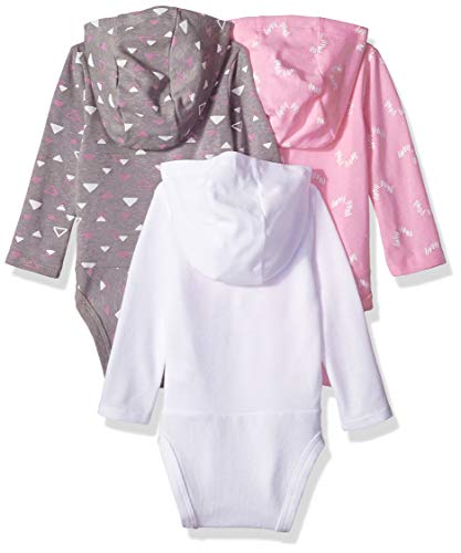Hanes, Ultimate Flexy Hoodie Long Sleeve Bodysuit, Babies and Toddlers, 3-Pack, Pink/Grey Shades, 12-18 Months