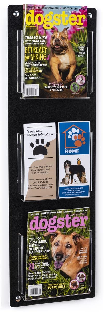 Displays2go Tiered Magazine Holder for Wall, 3-6 Adjustable Pockets, Frameless Acrylic - Black (2RP3BLK)