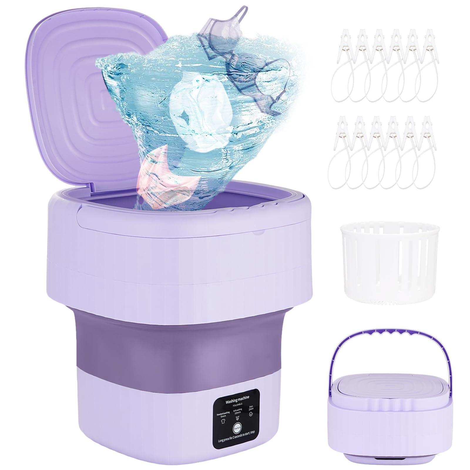 9L Portable Mini Washing Machine Small Portable Washer And Dryer Combo With Clip, Portable Washer Machine Foldable Design For Underwear, Baby Clothes, And Small Items, Ideal For Apartments (Purple)