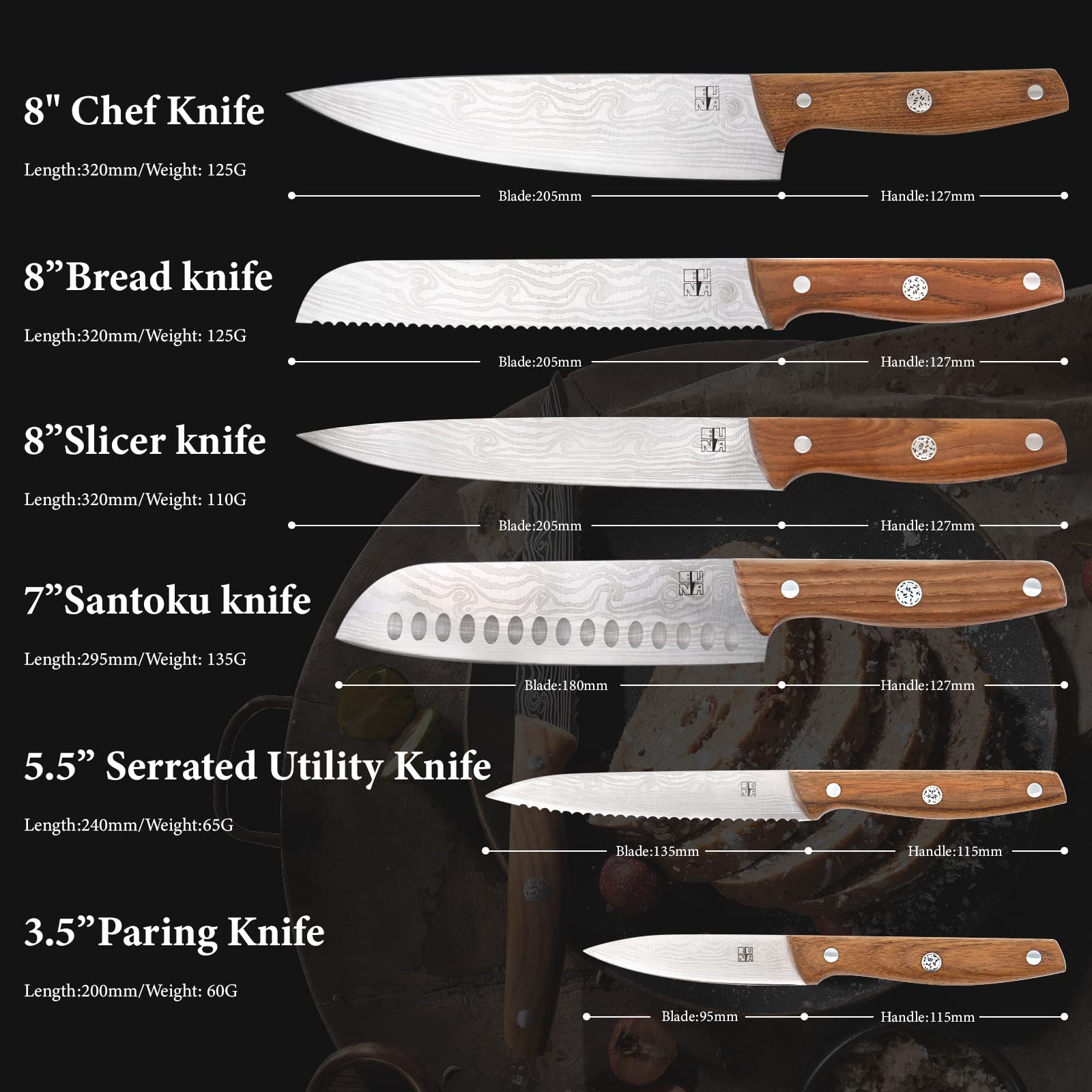 EUNA 6 Pieces Knife Set with Ergonomic ASH Handle, Kitchen Knife with High-Carbon Stainless-Steel Blade, Chef Knife Set with Multiple Sizes for Multipurpose Cooking, Gift Box