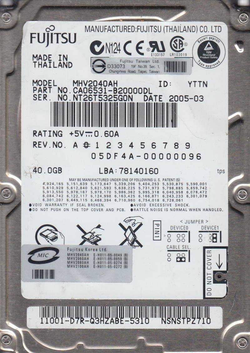 MHV2040AH, PN CA06531-B20000DL, Fujitsu 40GB IDE 2.5 Hard Drive