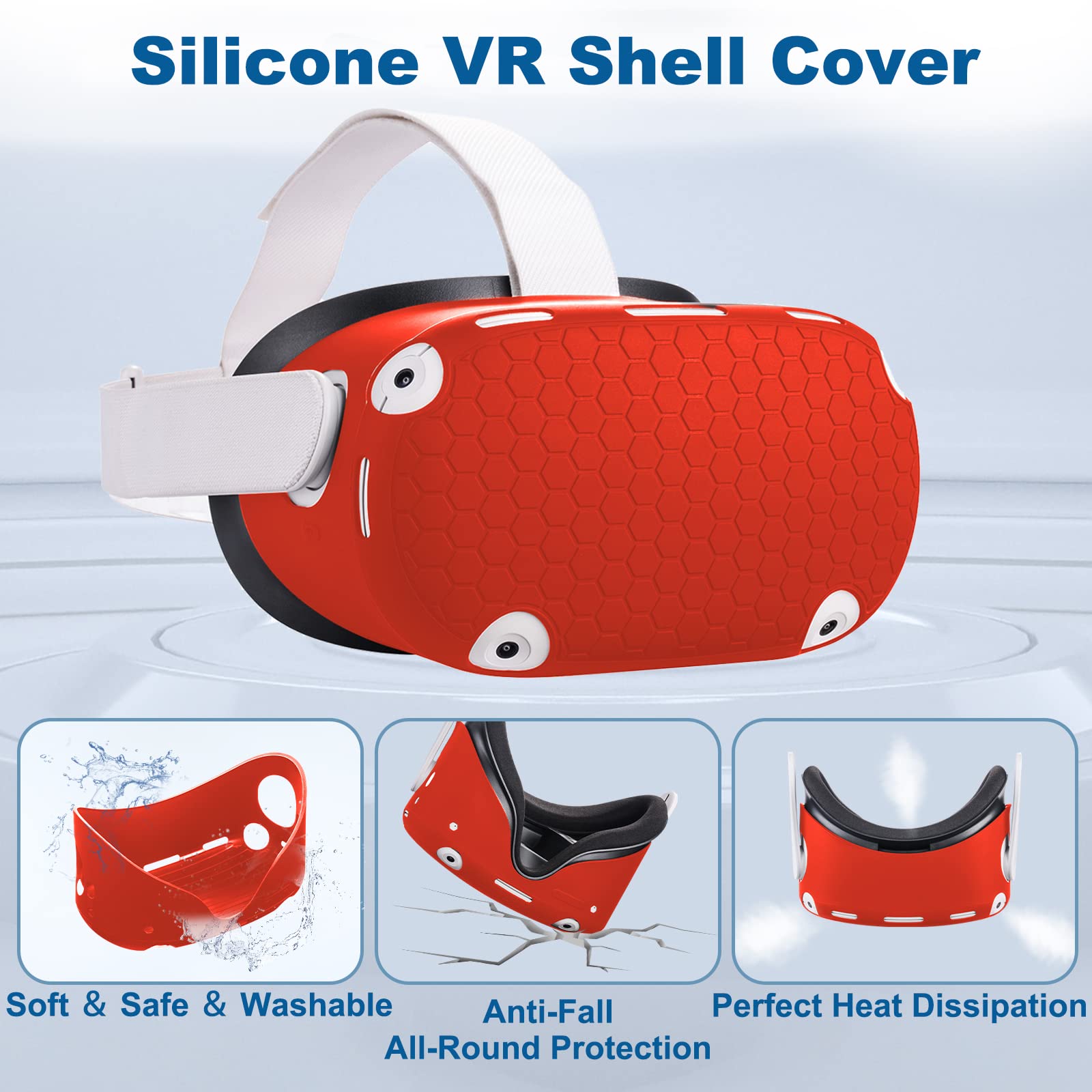 Accessories for Meta/Oculus Quest 2, Anti-Throw Hand Strap Extended Controller Grips Cover Face Headset Protective Lens Shell VR Silicone Cover Set (Red)