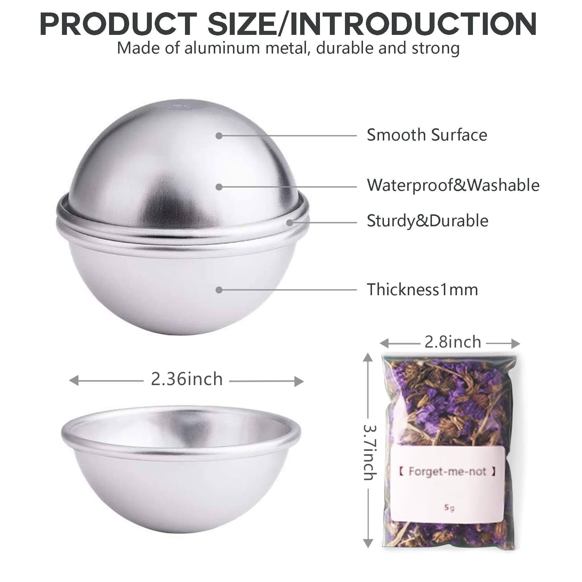 74pcs Bath Bomb Mold and Dried Flower Set, DIY Kit Includes 12pc Bath Bomb Metal Mold, 12 Packs of Natural Dried Flowers, 50 Pack Shrink Wrap Bags for Handmade Bath Bomb Making (2.36 Inch)