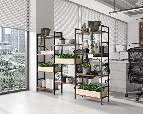 Boloni Triple Bookshelf, Bookcase with 11 Open Platforms, Large Etagere Wood Bookcase with Metal Frame for Living Room, Bedroom, Brown