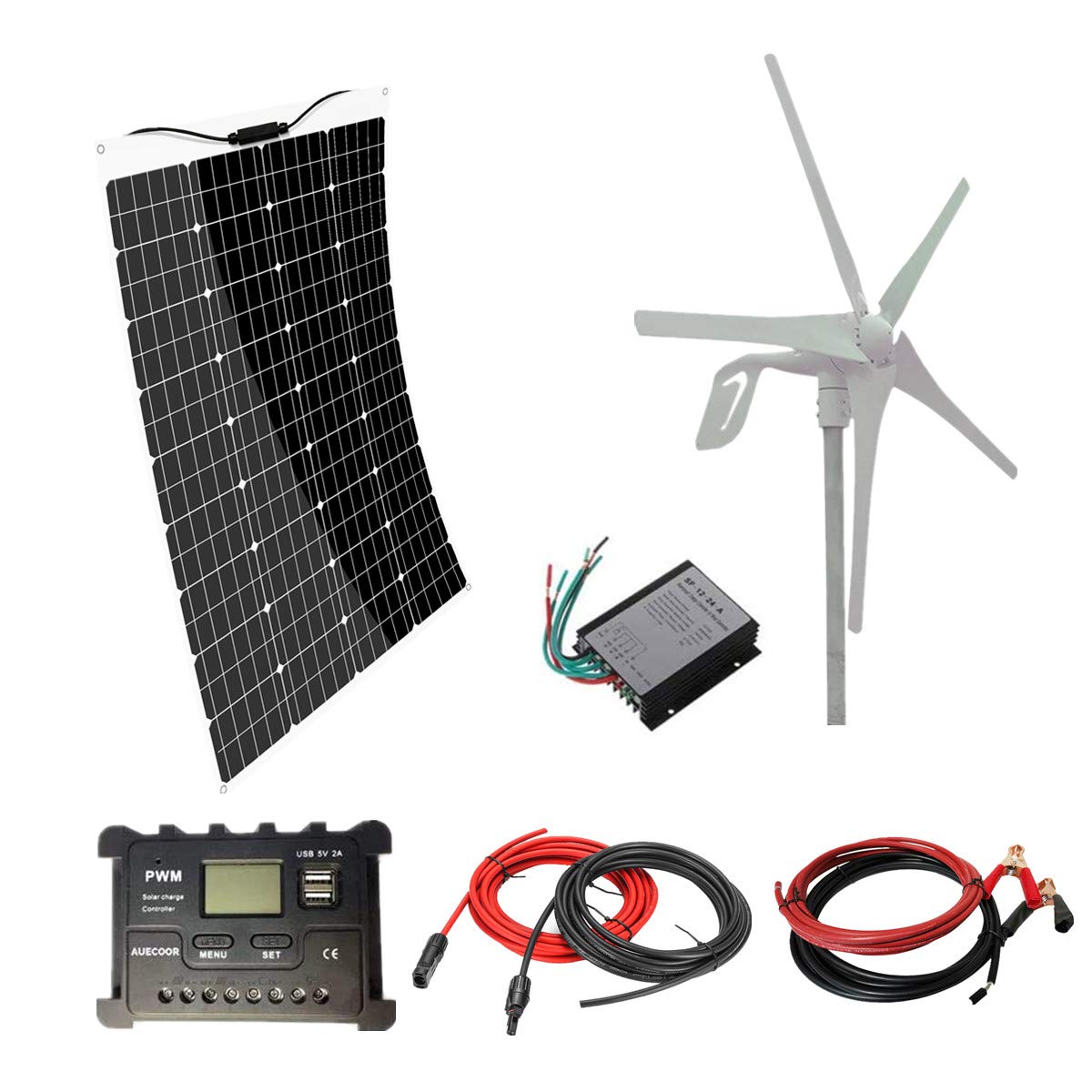 AUECOOR 500W(520W) Solar Wind Power Kit: 120W Mono Flexible Solar Panel + 400W 12V Wind Turbine Generator + Accessories for RV, Boat, Cabin, Trailer, Roofs, Off Grid System, 12V Battery Charging