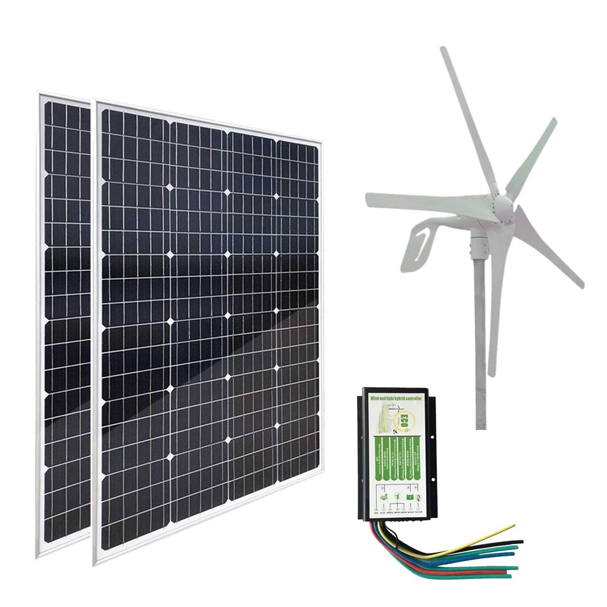 AUECOOR 640W Solar Wind Kit Hybrid System: 2pcs 120W Mono Solar Panels + 400W Wind Turbine Generator + Hybrid Controller for RV, Camping, Boat, Caravans, 12V/24V Battery Charging