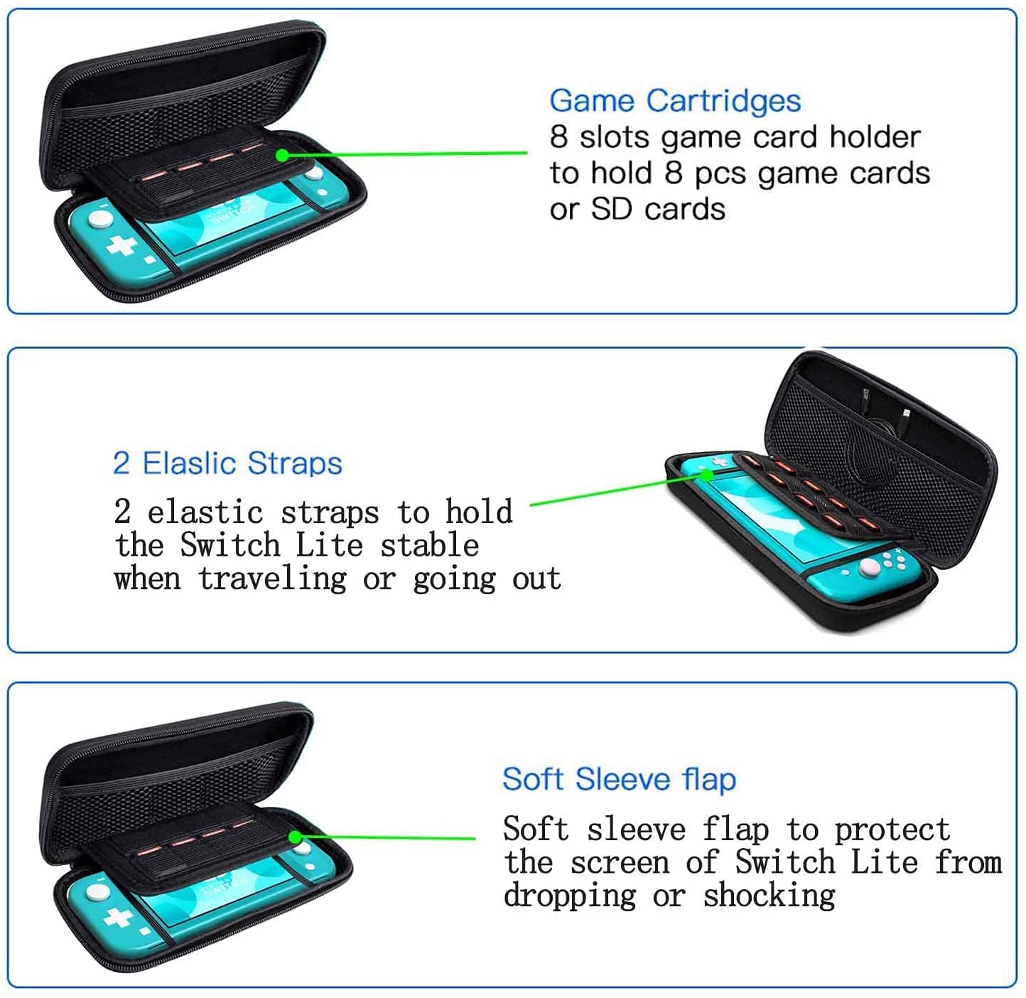 Accessories Kit for Nintendo Switch Lite - YOOWA Accessories Bundle with Carrying Case Protective Cover case and 2-Pack Tempered Glass Screen Protector, Adjustable Play Stand, 6 Thumb Grips