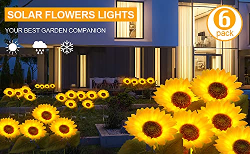 Elyccupa Solar Sunflower Lights LED Solar Powered Garden Stake Lights Outdoor Solar Flower Landscape Light for Patio Lawn Garden Yard Pathway Walkway Decoration, 6 Pack