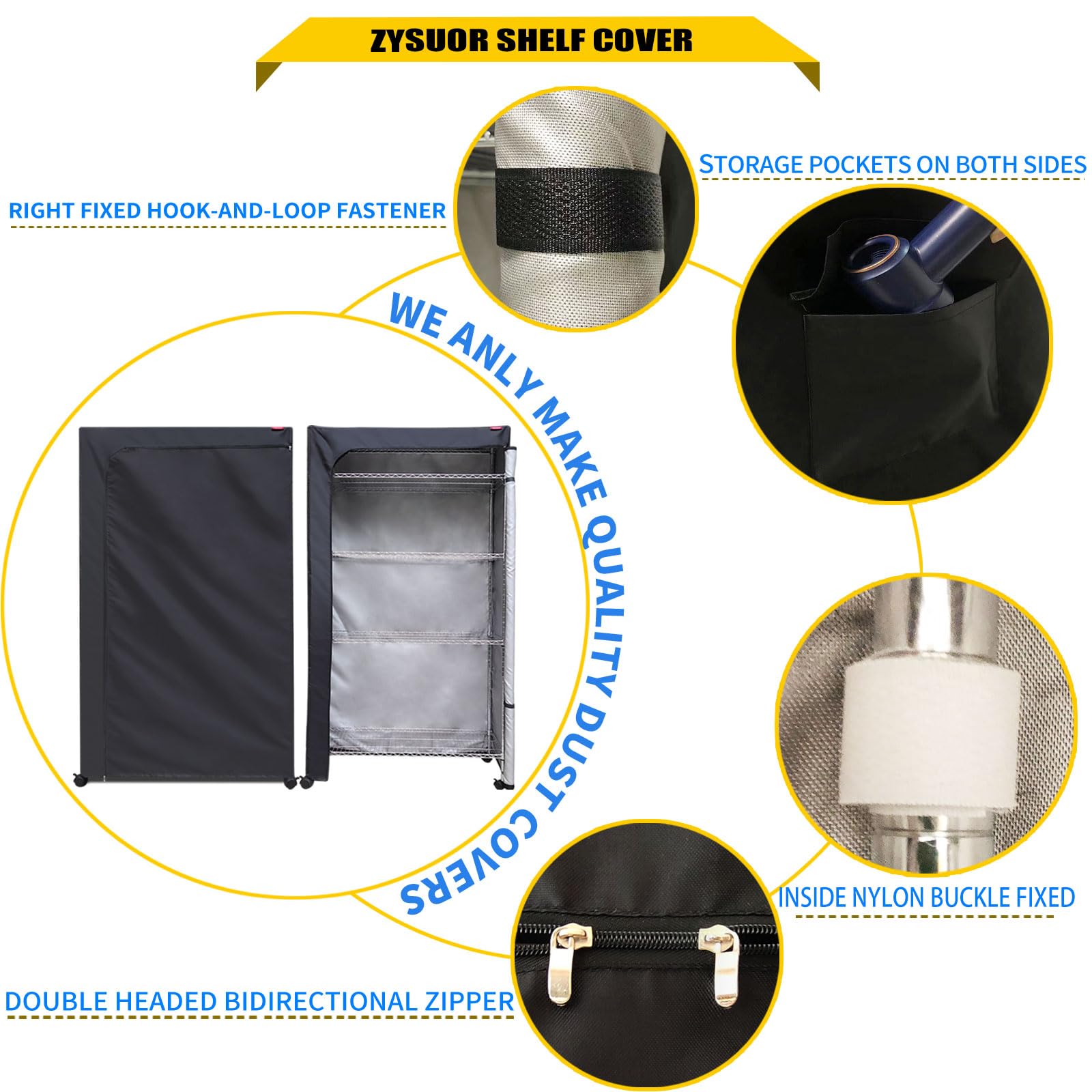 ZYSUOR Shelf Cover Wire Shelving Cover Rack Dust Cover 48X18X72,The Two-Way Zipper Design can be Opened up, Down, or All for Easy Access (No Shelves,Black Cover only)