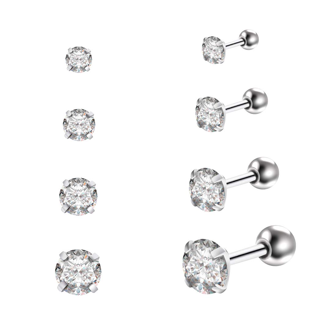 8pcs Cartilage Earrings Stud Sets with Cubic Zirconia,16G Surgical Steel Helix Earrings Piercing Jewelry,2mm-5mm,Silver