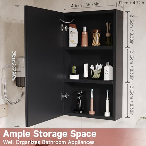 Seenvlog Bathroom Medicine Cabinet with Lights, 15.7" x 27.5" LED Mirror Cabinet, 3-Color Temp, Black Bathroom Storage Cabinet Anti-Fog, Wall Mount