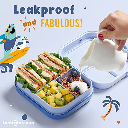 Bentoheaven Premium Bento Lunch Box for Kids, 9 Designs, Leak-proof 3-4 Compartments, Divider, Ideal size 30oz, Microwave/Dishwasher Safe Kids Bento Box (Loncheras Para Niños/Niñas)[Ocean Blue]
