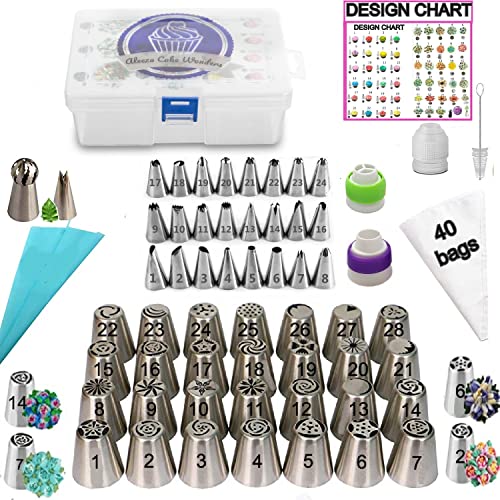 Aleeza Cake Wonders Russian Piping Tips Set - 100 pcs Cake Decorating Supplies with 40 Icing Bags, 28 Russian Nozzles, 24 Frosting Tips, Leaf and Ball Pastry Tips. Cookie and Cupcake Decorating Kit