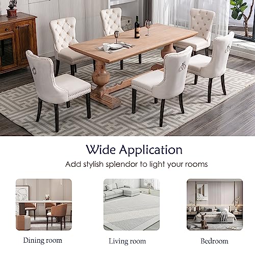 KCC Velvet Dining Chairs Set of 4 (Renewed), Upholstered High-end Tufted Dining Room Chair with Nailhead Back Ring Pull Trim Solid Wood Legs, Nikki Collection Modern Style for Kitchen, Beige