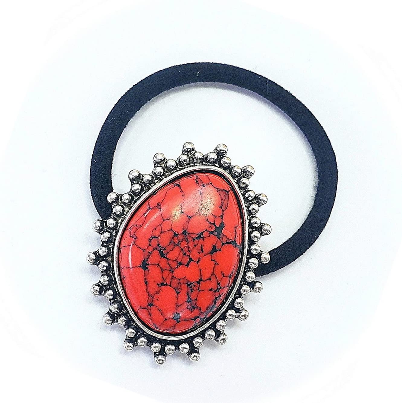 Accessory Western Style Silver Color Tone Round Red Turquoise Stone Pendant Stretch Hair Tie Pendant Charm Set for Women ALI-7147Heid