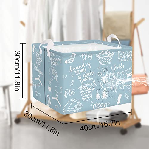 Clastyle Rectangular Blue Laundry Theme Storage Bins Waterproof Simple Fun Words Hanger Iron Laundry Basket Detergent Bubble Storage Basket for Toys Clothes Bedroom, 15.7x11.8x11.8 in