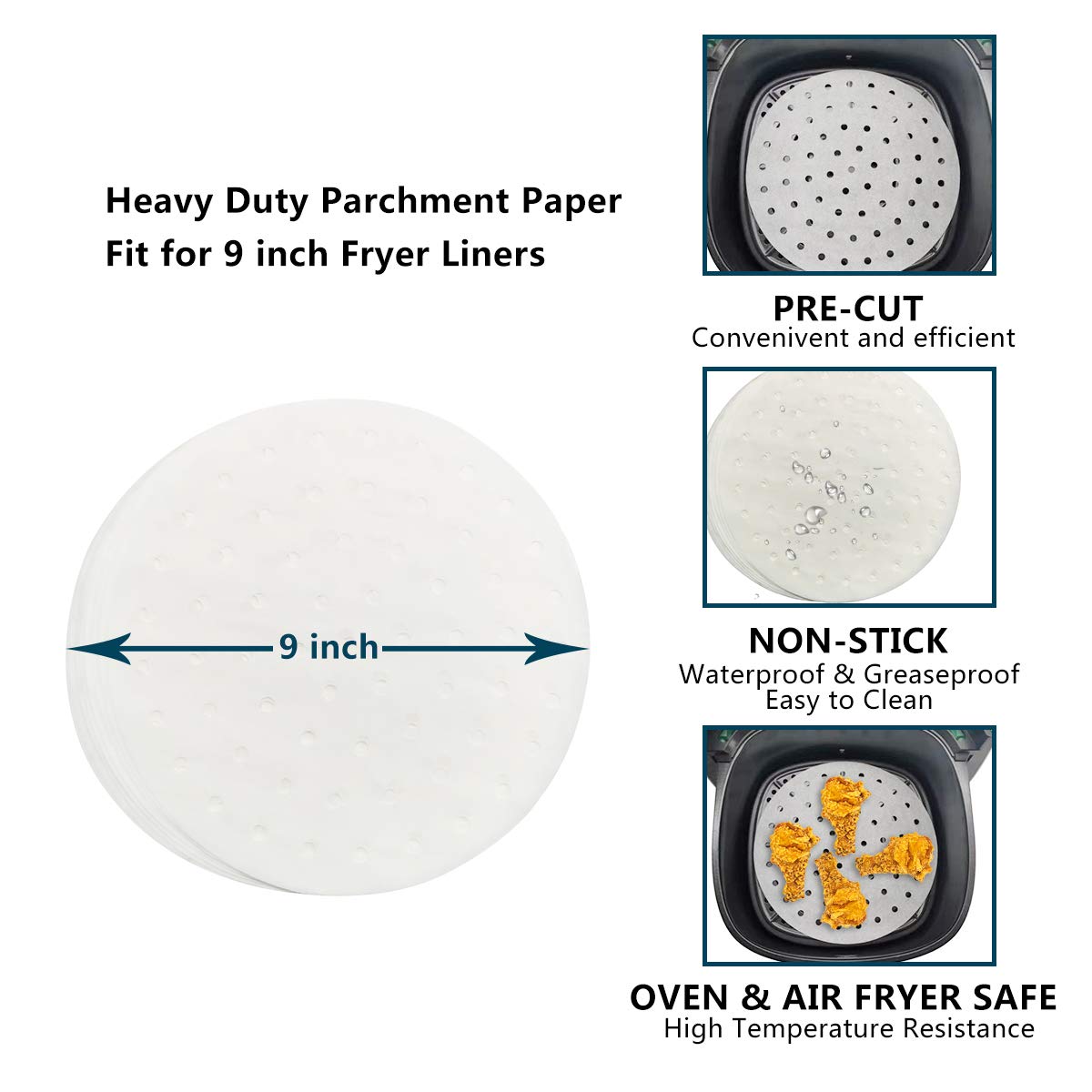 Air Fryer Perforated Parchment Paper,Non-Stick Air Fryer Liners 100 Pcs, White 7 Inch and 9 Inch (7 Inch)