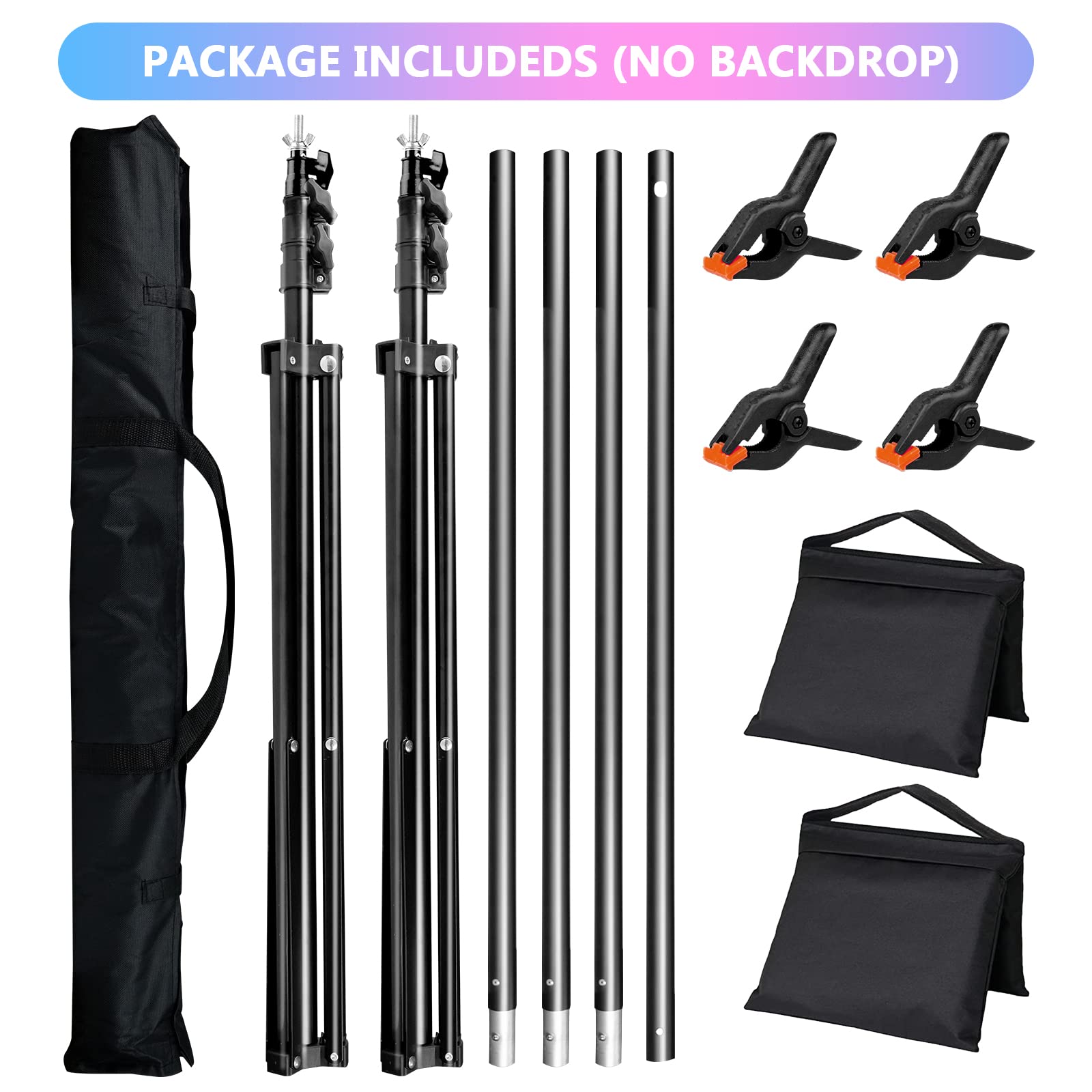Adjustable Photo Backdrop Stand - 10Ft Photo Backdrop Stand Kit Background Support System Kit with 4 Crossbars, 4 Background Clamps, 2 Sandbags, and Carrying Bag for Parties, Wedding, Photography