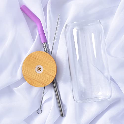 AUGOSTA Beer Can Glass with Lids and Straw, 16 oz Reusable Drinking Glasses Tumbler, Free 4 Bamboo lids, 4 Stainless Steel Straw with Colored silicone plug, 2 Cleaning Brush, 4 Pack