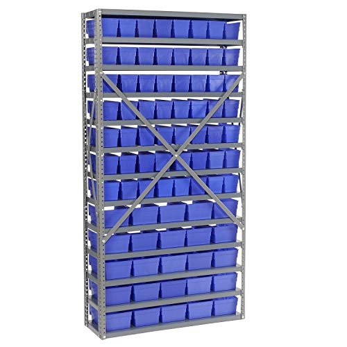Global Industrial 13 Shelf Steel Shelving with (81) 4" H Plastic Shelf Bins, Blue, 36x12x72