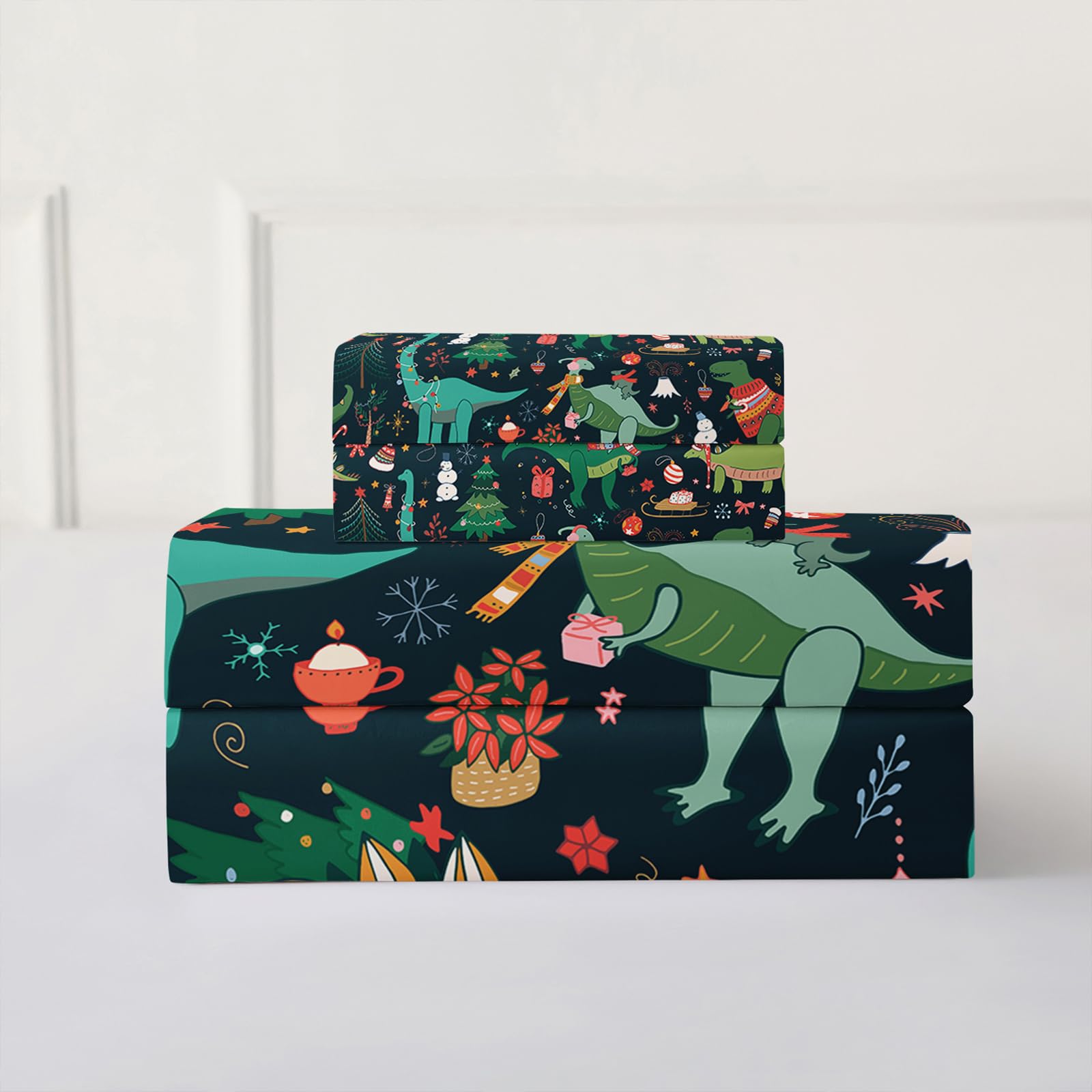 QOOMO Cartoon Dinosaur Sheets Set Queen Size,Dinosaurs Kids Sheets Set Set,Christmas Dinosaurs Printing Bedding Ultra Soft,Ultra Sheets Set Queen Size 1 Fitted Sheet, 1 Flat Sheet, 2 Pillow Cases