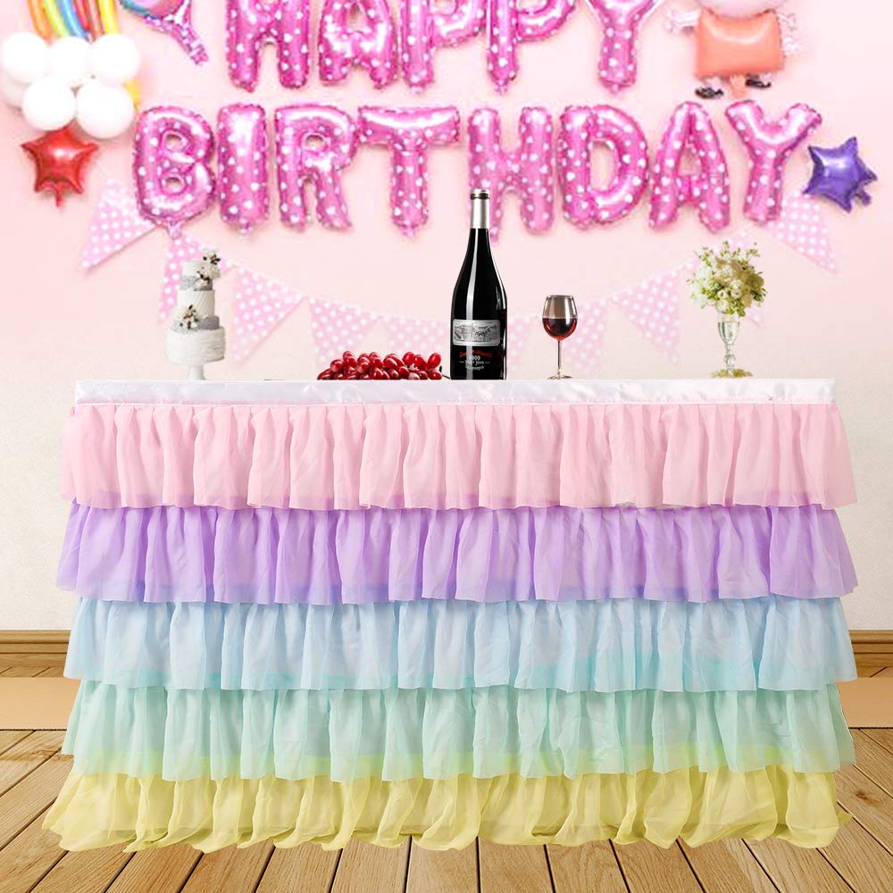 6FT Rainbow Table Skirt for Rectangle or Round Table Chiffon Tulle Table Skirting for Party Baby Shower Wedding Birthday Decor