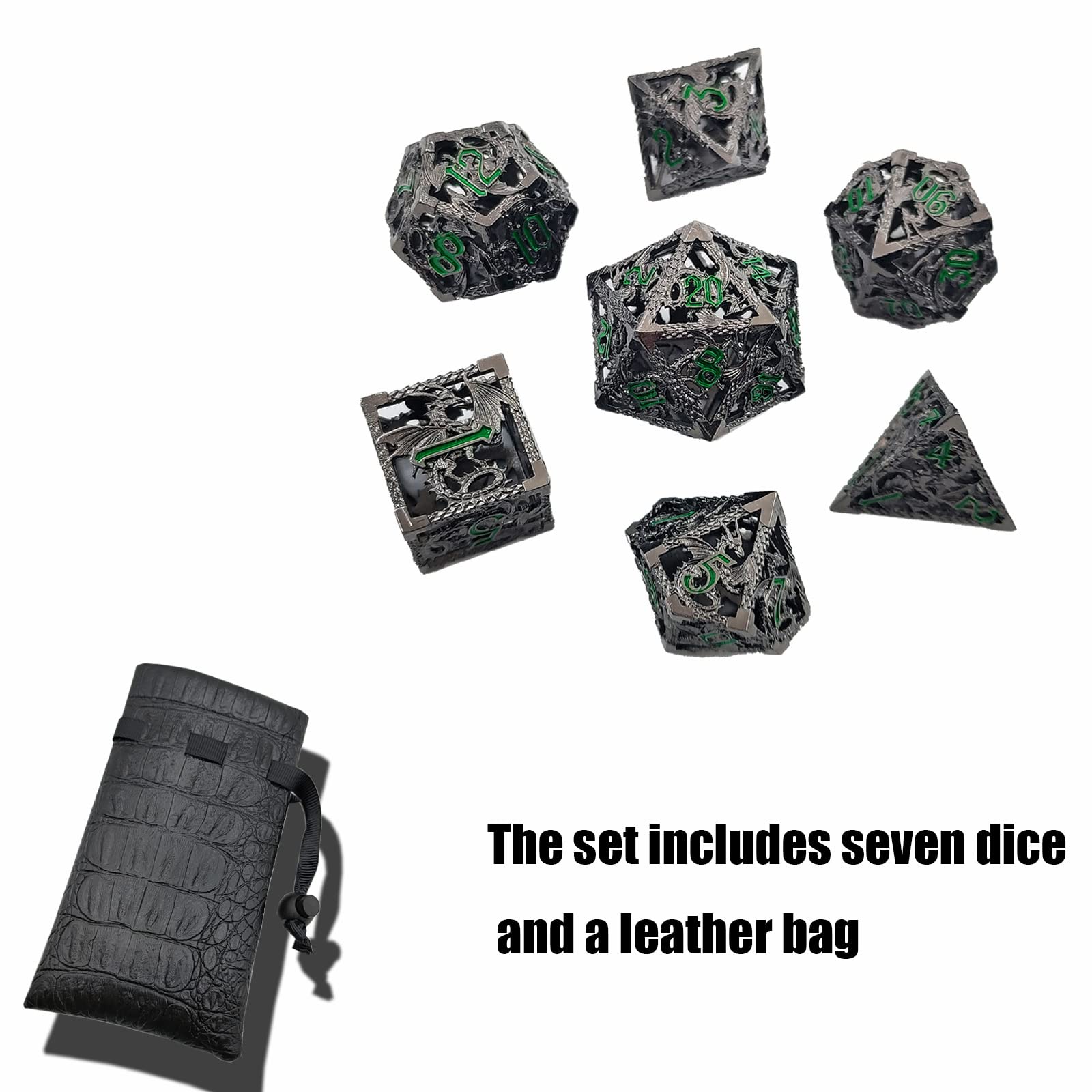 DND Dice Set Dungeons and Dragons Metal D&D Dice Polyhedral Dice Set RPG MTG Pathfinder Shadowrun Roleplaying Dice Games Gifts Accessories D N D Hollow Dice D20 D12 D10 D8 D6 D4, Black Nickel Green