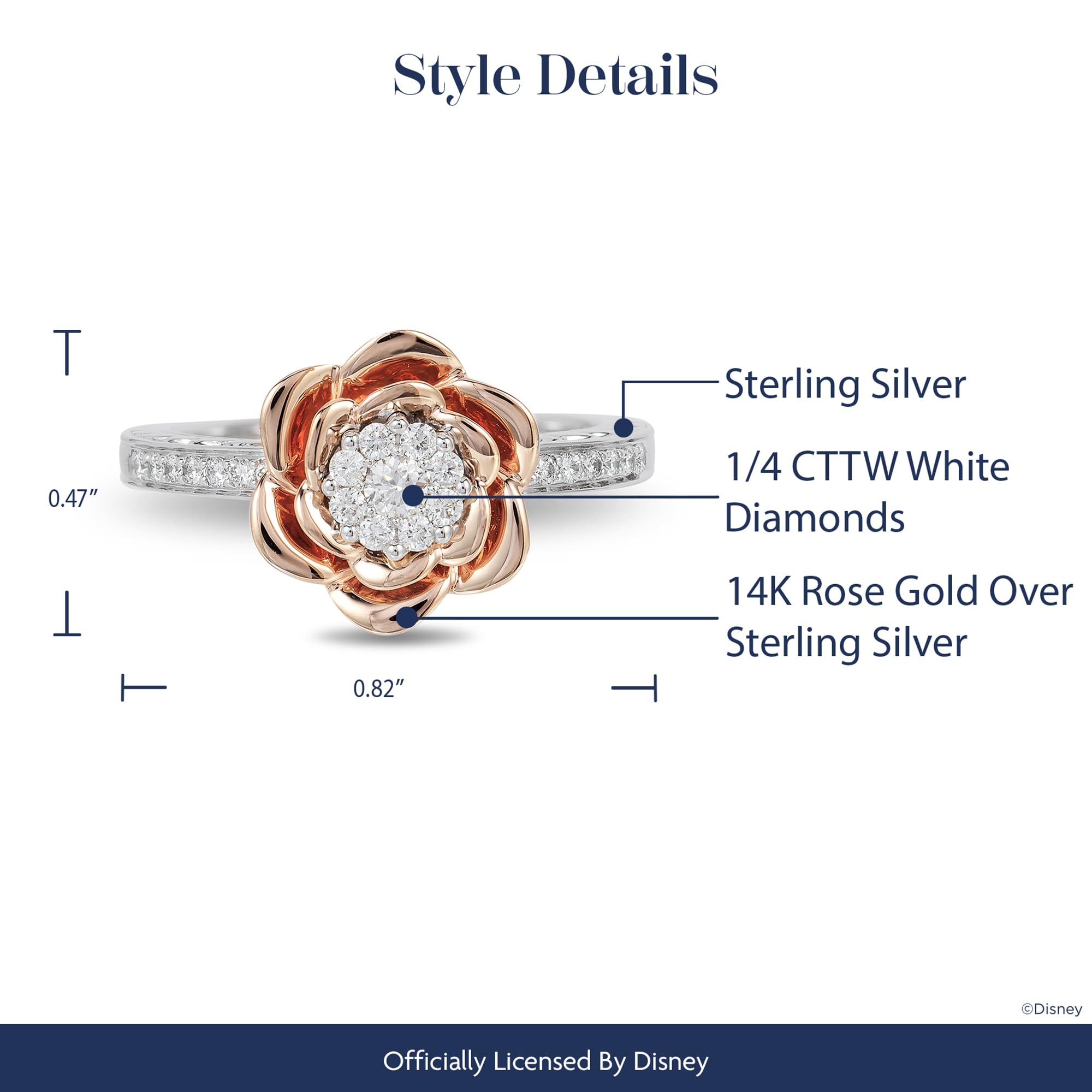 Enchanted Disney Fine Jewelry 14K Rose Gold Over Sterling Silver 1/4 Cttw Belle Rose Composite Ring, Size 7