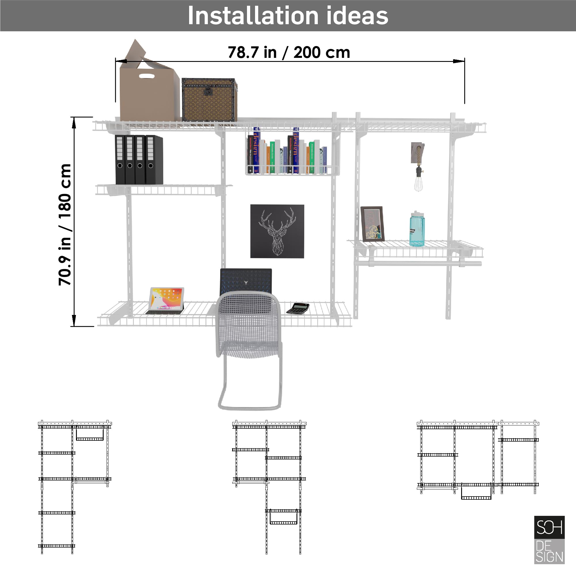 SOH DESIGN Adjustable White Wire Closet Shelf Kit, 3-5 FT Expandable Organizer System for Versatile Home Storage