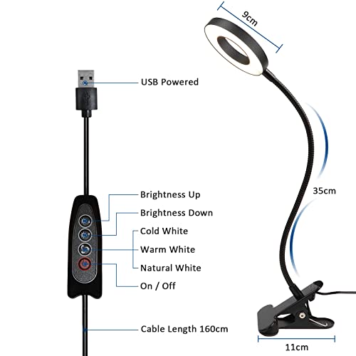 Akynite 48 LED Clip on Desk Light for Home Office, 3 Colors & 10 Brightness, 7W USB LED Ring Light Desk Clamp for Makeup, Gooseneck Desk Clip Lamp, Dimmable Clip on Bed Light for Reading, Black