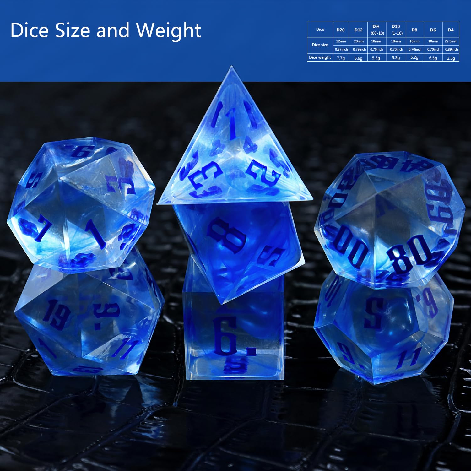 DND Liquid Dice Set Polyhedral Dice for Dungeons & Dragons (D&D) RPG Magic RPG Tabletop Dice Complete D4 D6 D8 D10 D12 D20 (Ice Sword)