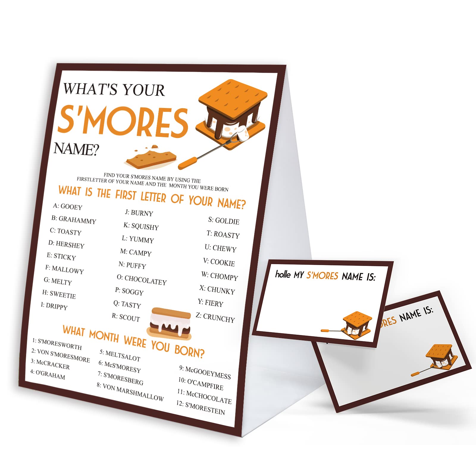 What's Your S'mores Name Game Sign with Name Tag Stickers for Baby Shower, Baby Shower Decorations, Birthday Party Game, Baby Shower Games Fun for Adults & Kids Family Class Office Activity PTWYN21