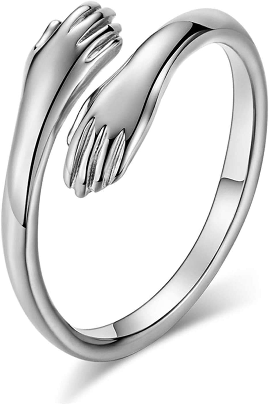 7mohugme Hug Ring 925 Sterling Silver Rings for Women Girls Silver Hugging Hands Open Ring Jewelry Hug Hands Statement Rings Wedding Bands (Silver Hug Ring)