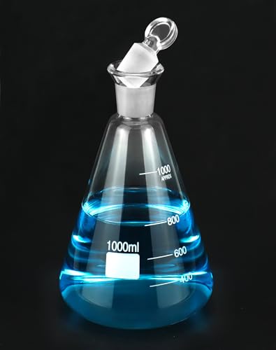 QWORK 1000ml Lodine Flask with Stopper, Thick Wall Flask with 24/29 Standard Conical Outer Connection, Heavy Duty Borosilicate Glass Erlenmeyer Flask Interchangeable Stopper, Conical Shape