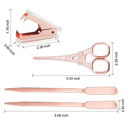 Rose Gold Desk Accessories Set - Scissors, Staple Remover and 2 Letter Openers, Luxury Rose Gold Office Supplies & Desk Decorations