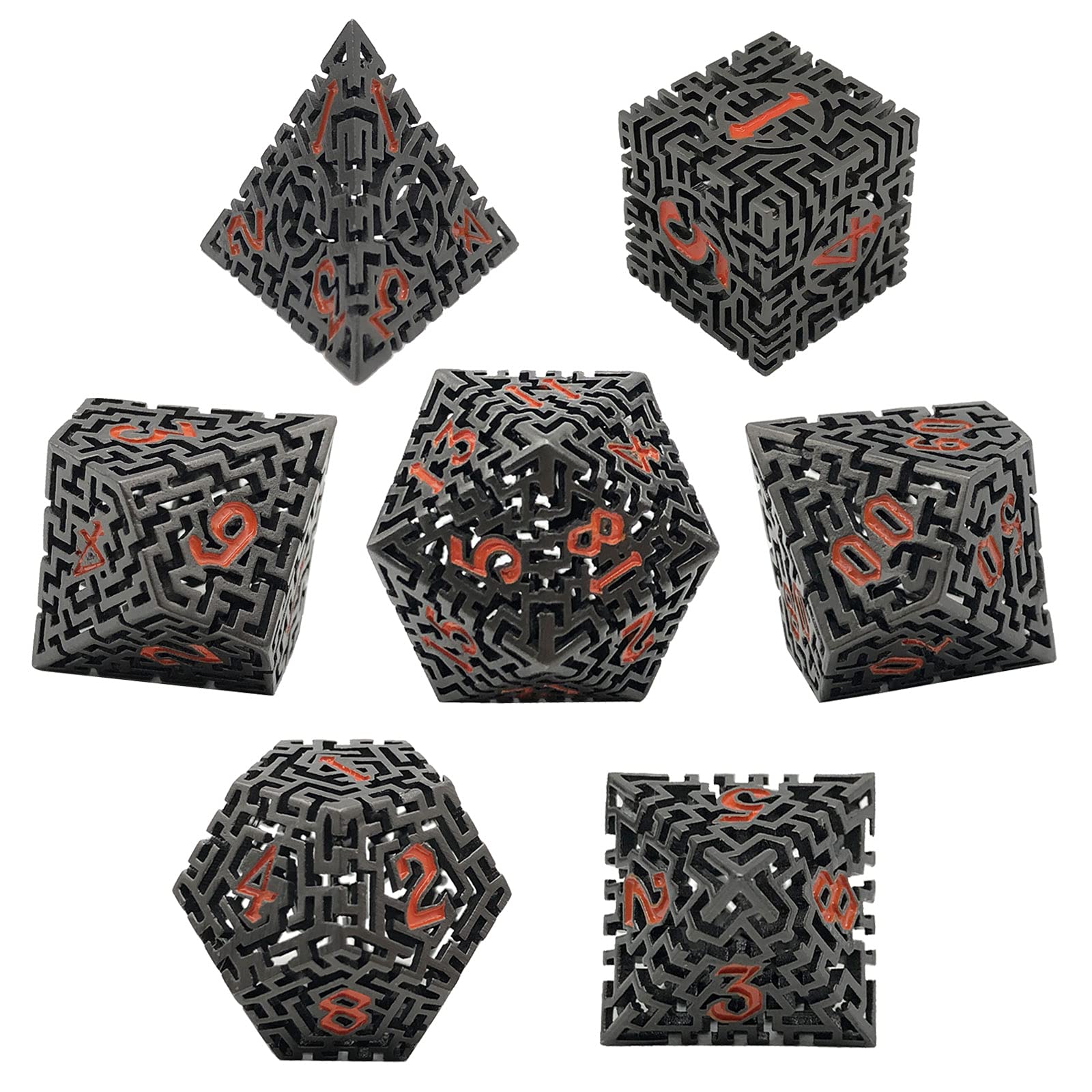 DND Metal Hollow Dice 7 Piece Set - (Free Metal Box) Maze Polyhedron Dice Suitable for Board Game RPG Math Teaching Warhammer MTG Game Dice (Pearl Gun)