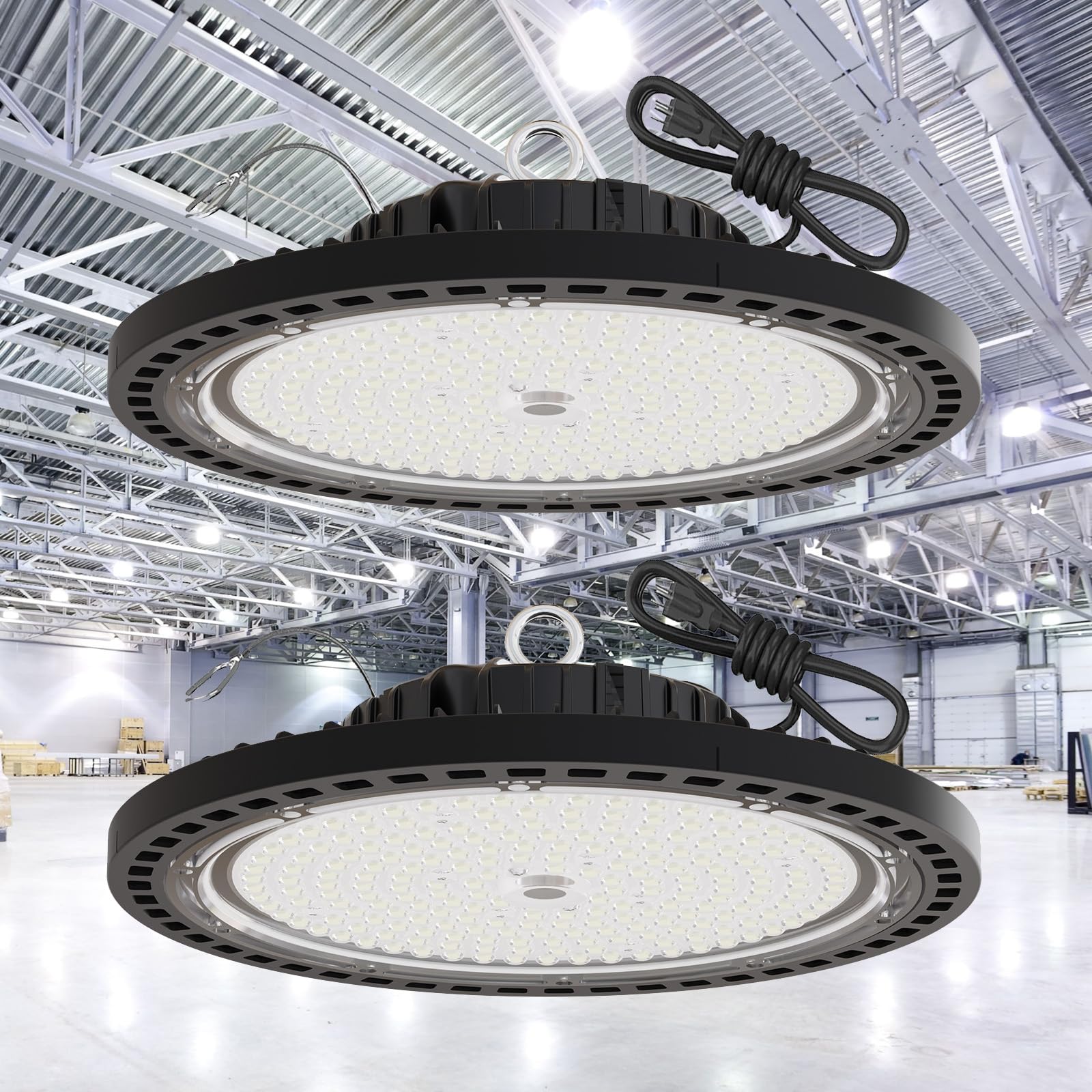 GGTH 2 Pack 200W UFO LED High Bay Light, 29000LM, 5000K, IP66 Waterproof, with US Plug 6ft Cable, Commercial Industrial Warehouse Shop Factory Barn Garage Area Lighting Fixture, ETL Listed
